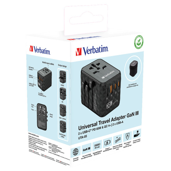Verbatim GaN III Universal Travel Adapter UTA-05 65W with 2 x USB-C PD ...